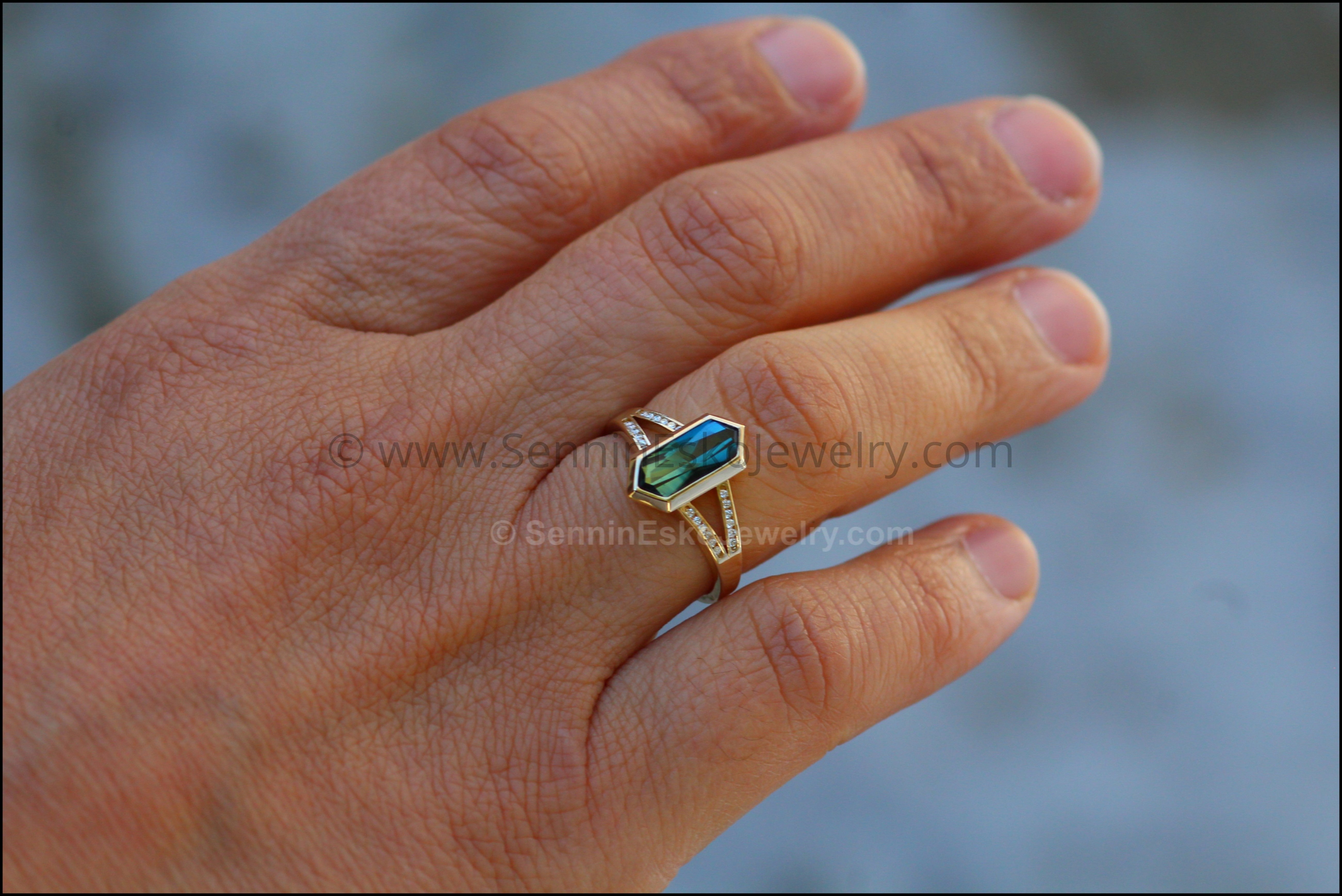 Split Shank Bezel Ring With Diamond Accents Depicted with a Parti Sa Sennin Esko Jewelry