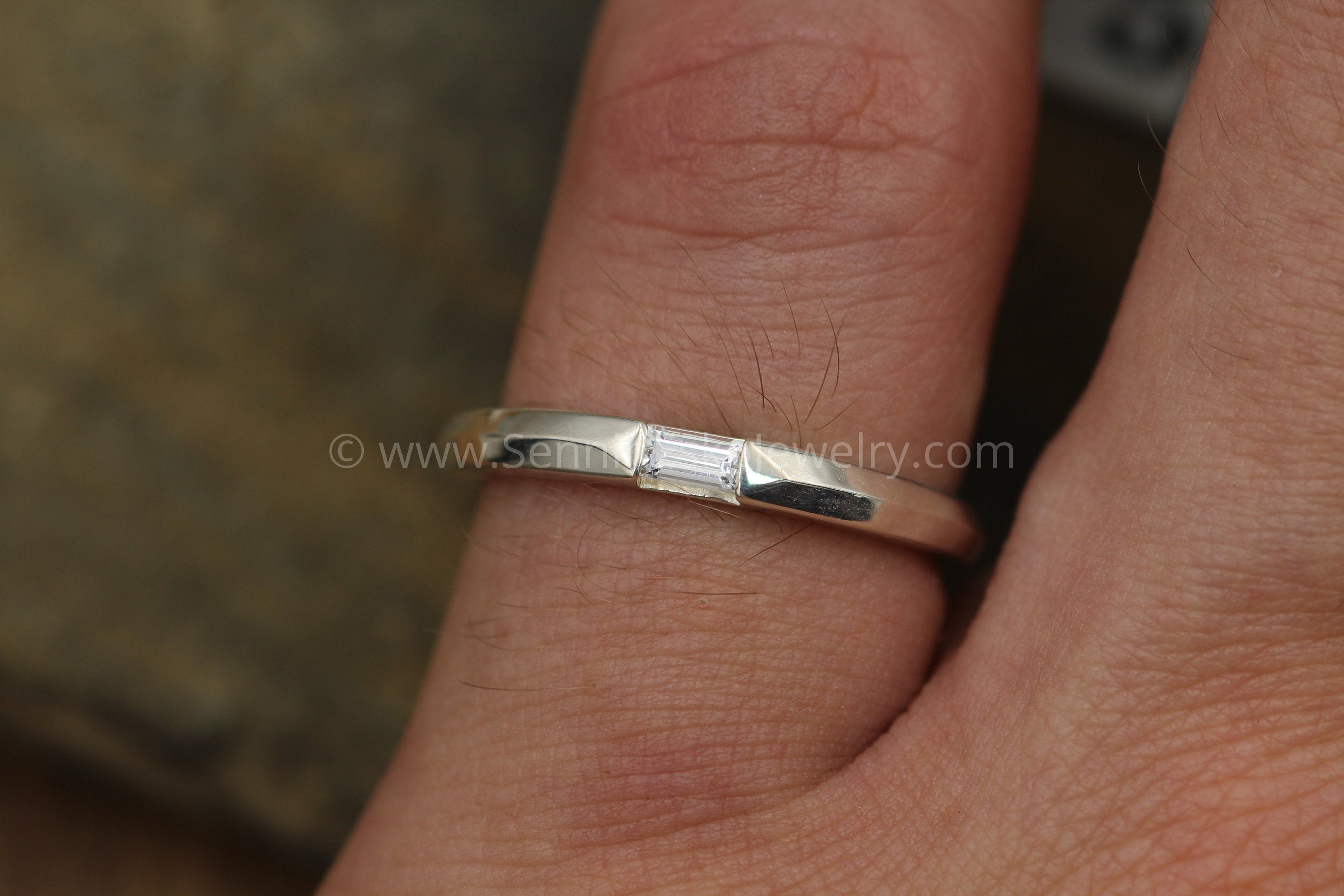 White Sapphire Channel Baguette Knife Edge Ring Dainty Glossy Finish Ring Knife Edge