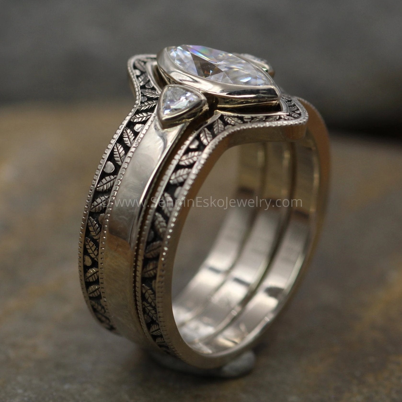 Moissanite White Gold Hand Made Leaf Engraved Vintage Engagement Ring ...